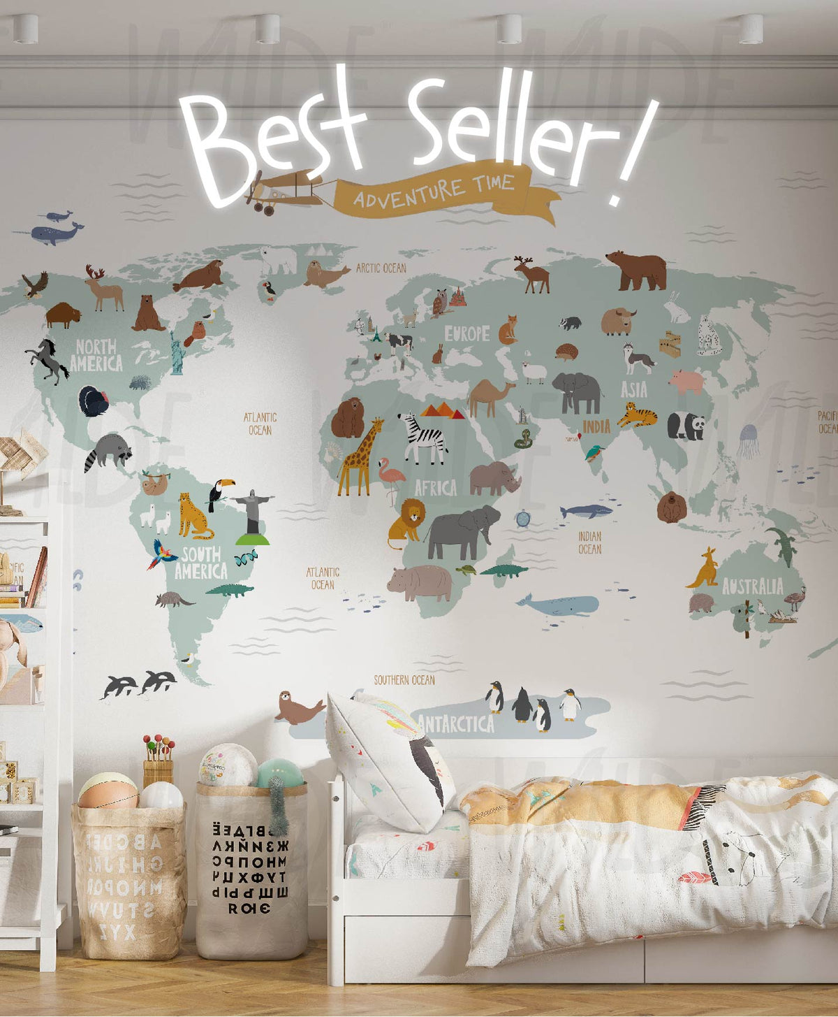 Animals Ahoy World Map, Kids Wallpaper – Wilde Pattern Company