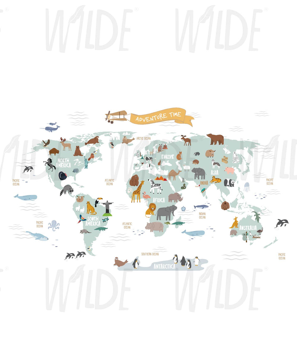 Animals Ahoy World Map, Kids Wallpaper – Wilde Pattern Company