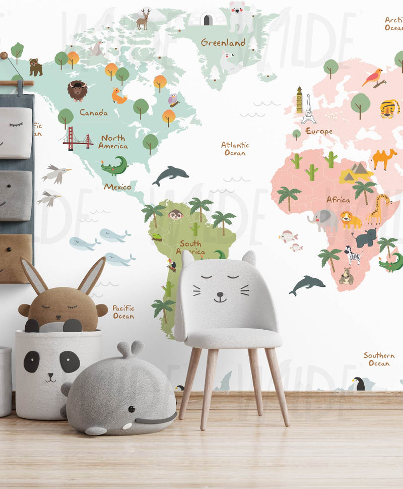 Pastel World Map, Kids Wallpaper – Wilde Pattern Company